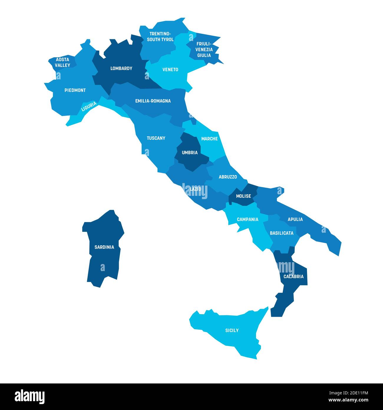 Blue map of Italy divided into 20 administrative regions. White labels ...