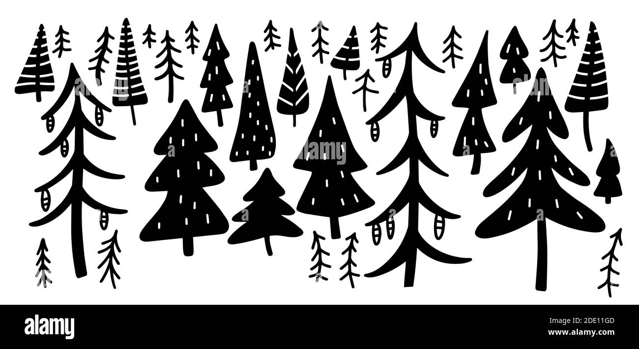 Christmas trees set. Scandinavian style coniferous forest Doodle ...