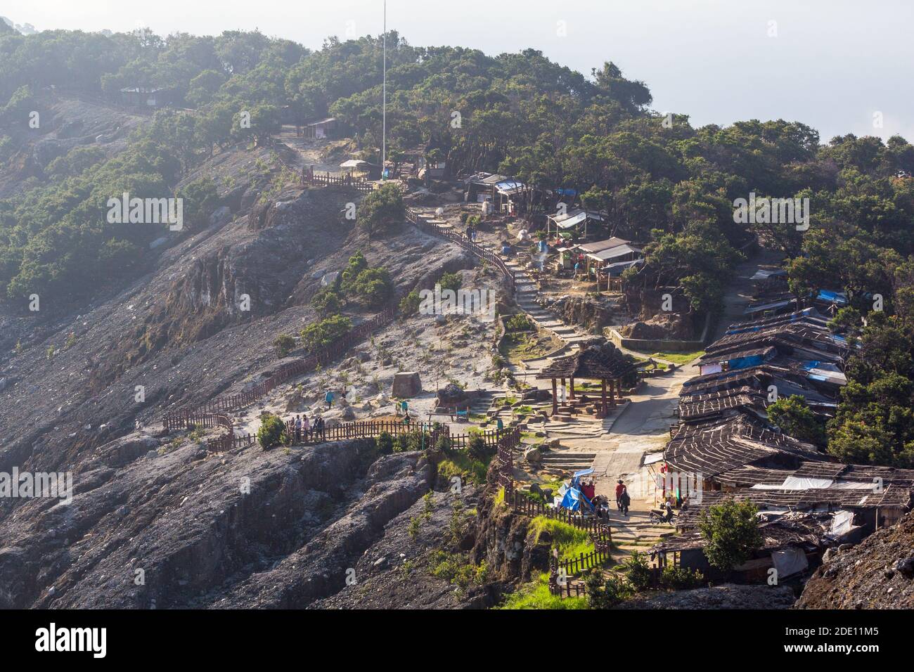 Tourist structures at the crater of Tangkuban Perahu, a volcano in ...