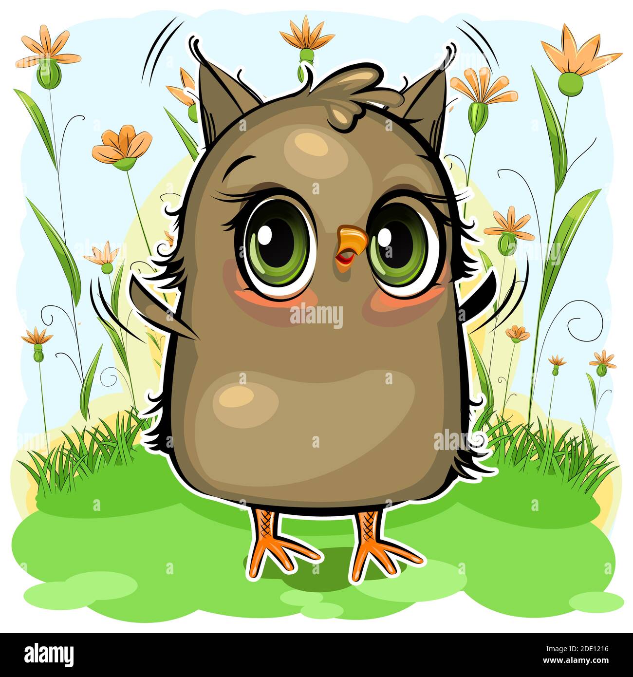 Little owl. The funny chick is trying to take off. Cute and funny chick ...