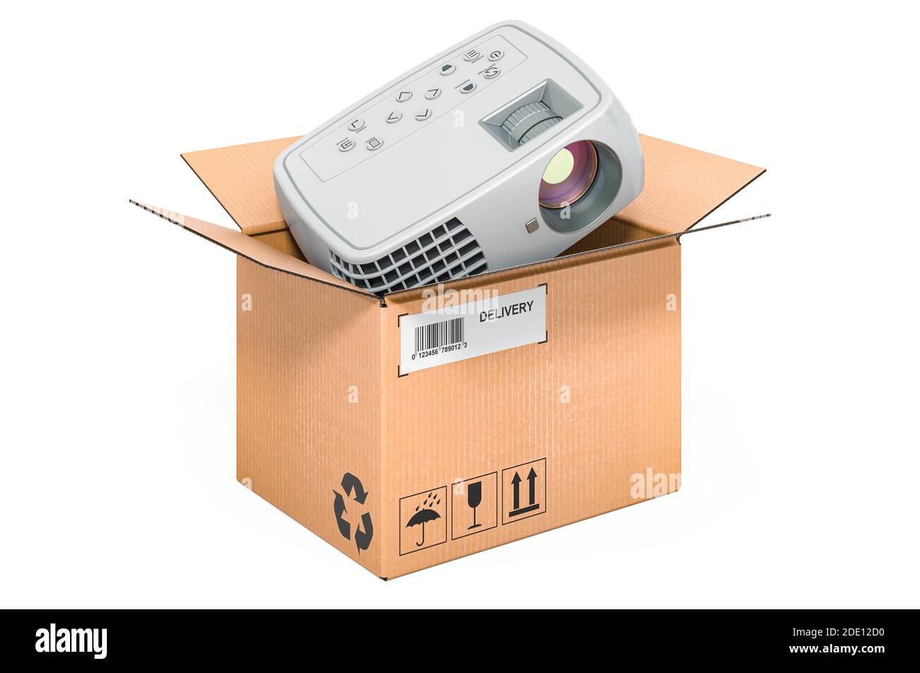 Image projector inside cardboard box, delivery concept. 3D rendering ...
