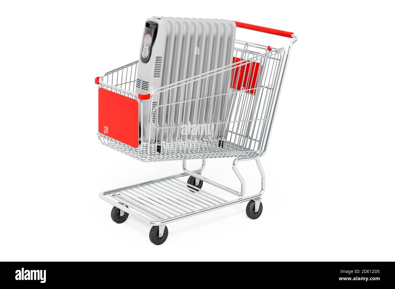 Electrical oil radiator inside shopping cart, 3D rendering isolated on ...