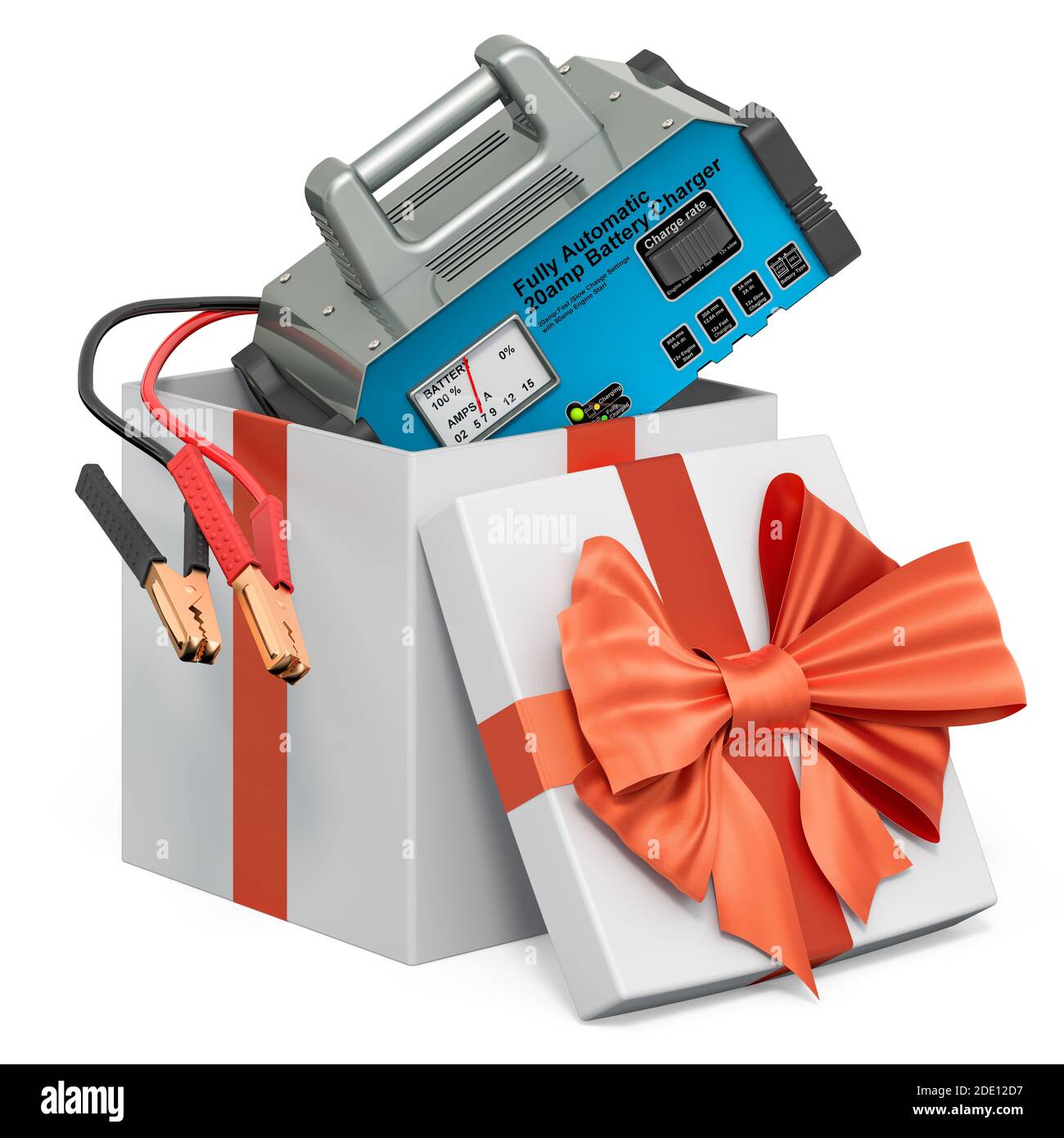 Battery charger inside gift box, present concept. 3D rendering isolated ...