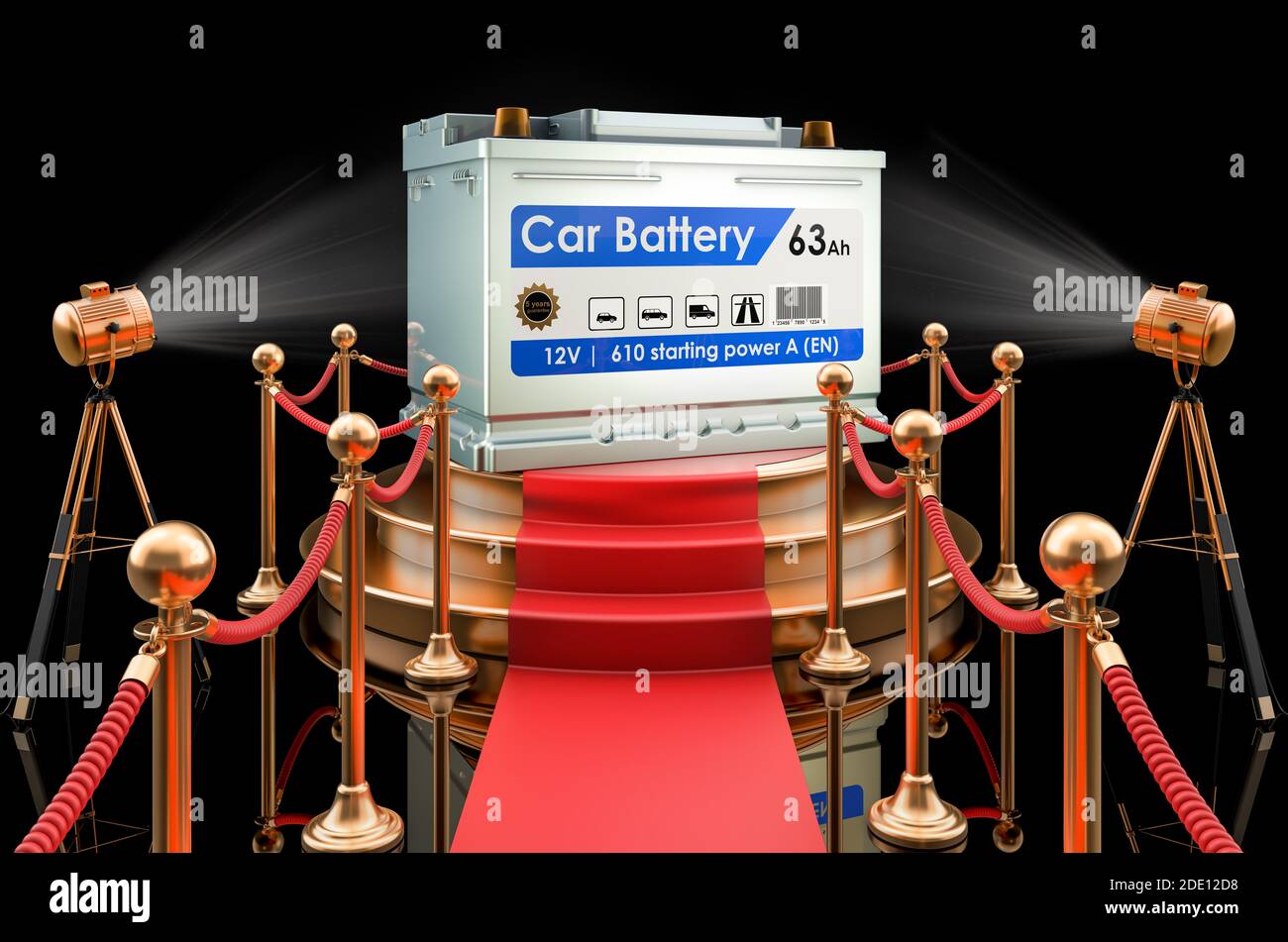 Podium with car battery, 3D rendering isolated on black background ...