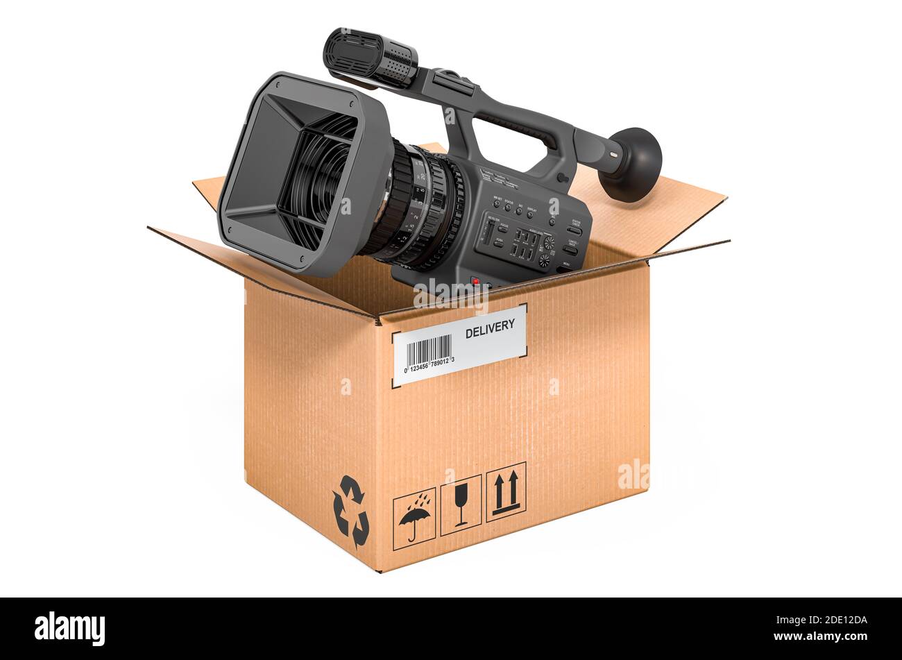 Professional video camera inside cardboard box, delivery concept. 3D ...
