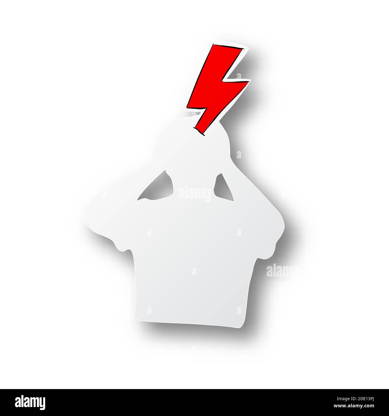 Vector black line hand drawn of red thunder on headache human shape cut ...