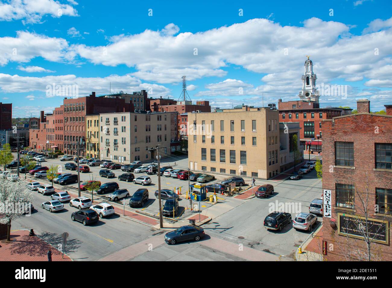 Historic buildings on Methuen Street at Appleton Street with City Hall ...