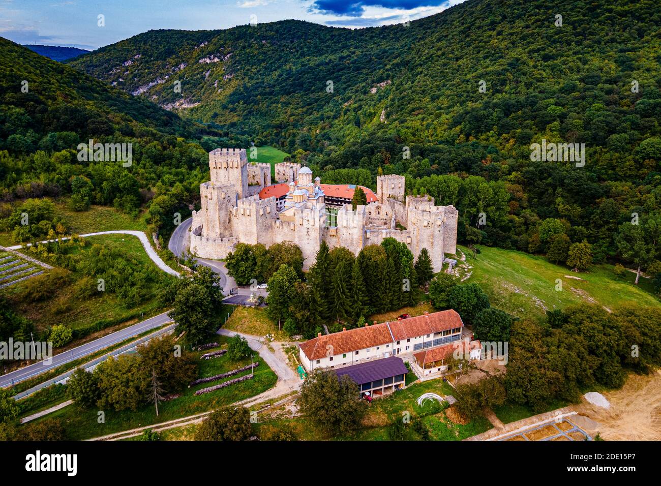 Aerial of the fortified Manasija Monastery, Serbia, Europe Stock Photo ...