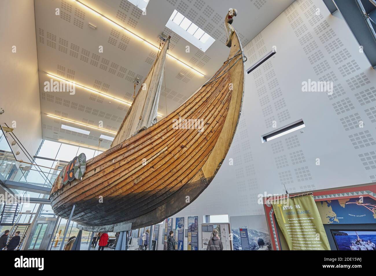 A replica Viking ship in the Viking Museum in Njardvik, near Keflavik ...