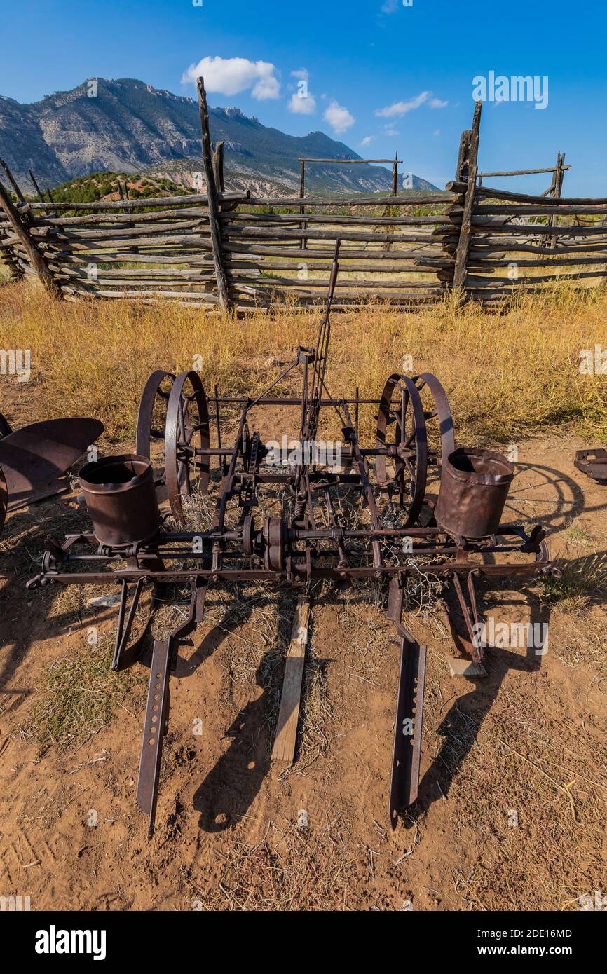 Old farm machinery at the historic Ewing-Snell Ranch at Bighorn Canyon ...