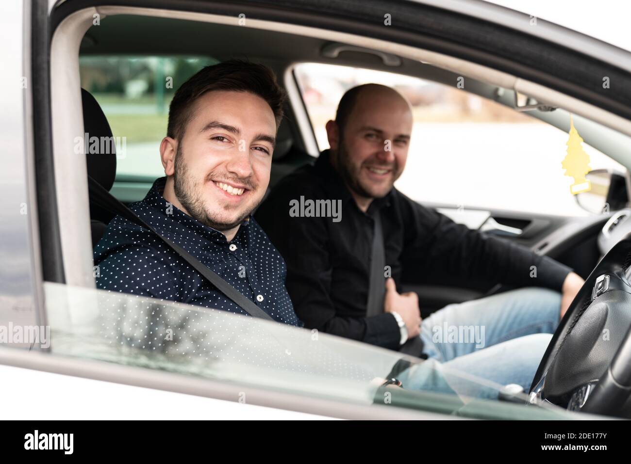 Driving Instructor and Man Student in Examination Car Testing Learner ...