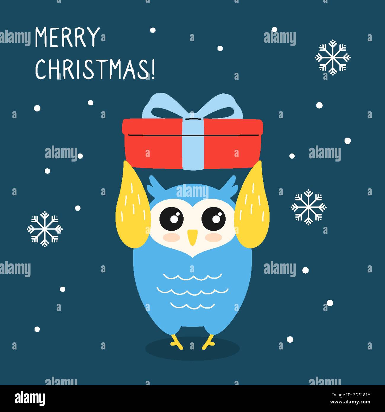 Greeting Christmas card, owl and with gift box. New year bird. Hand ...