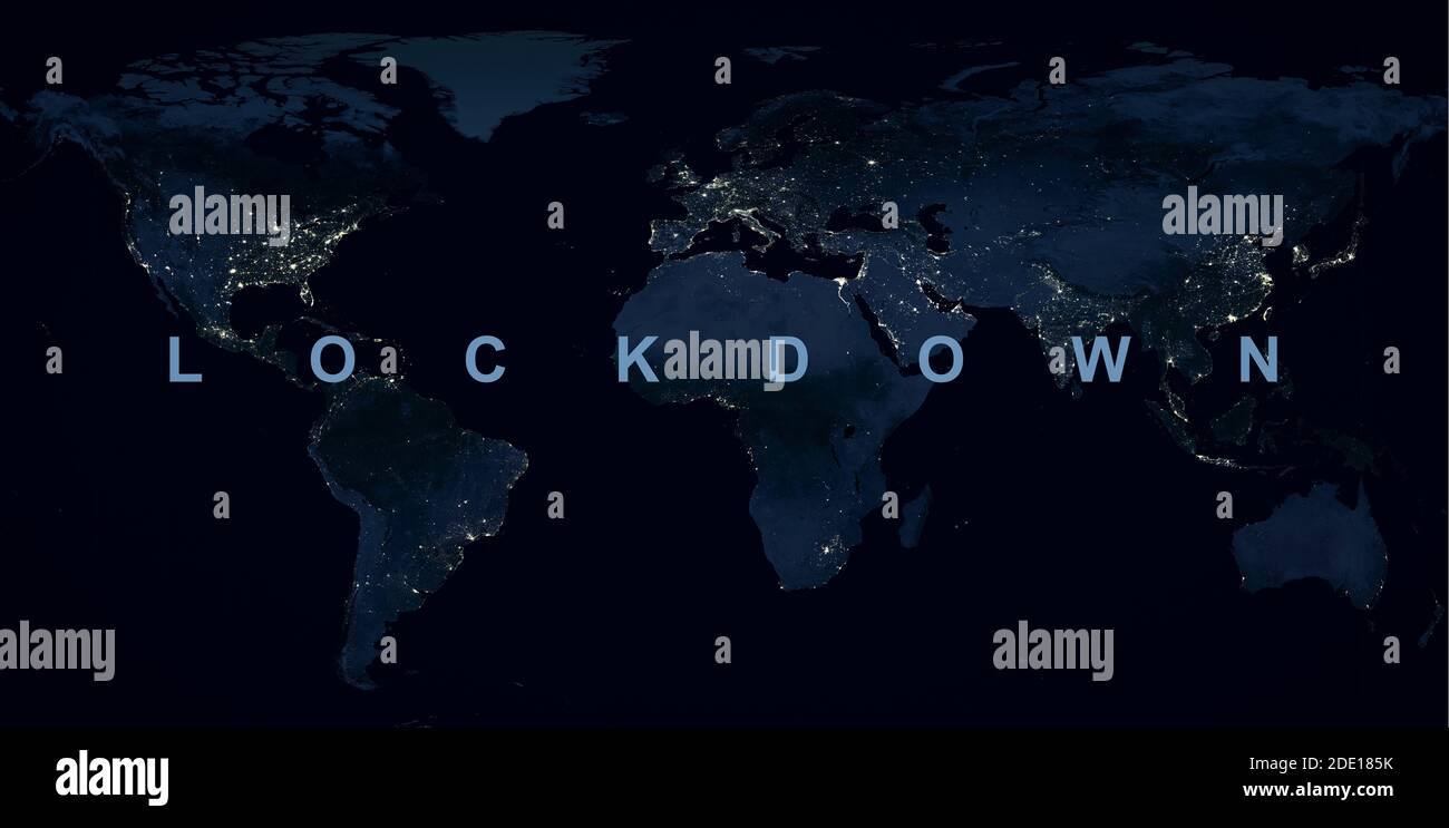 COVID-19 coronavirus concept, word Lockdown on World dark map. Global ...