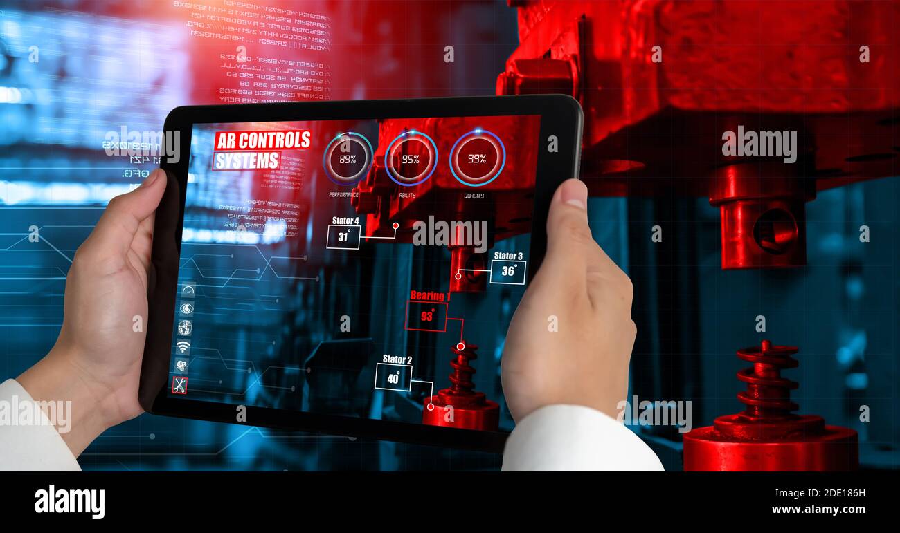 Engineer Use Augmented Reality Software In Smart Factory Production Line With Automated