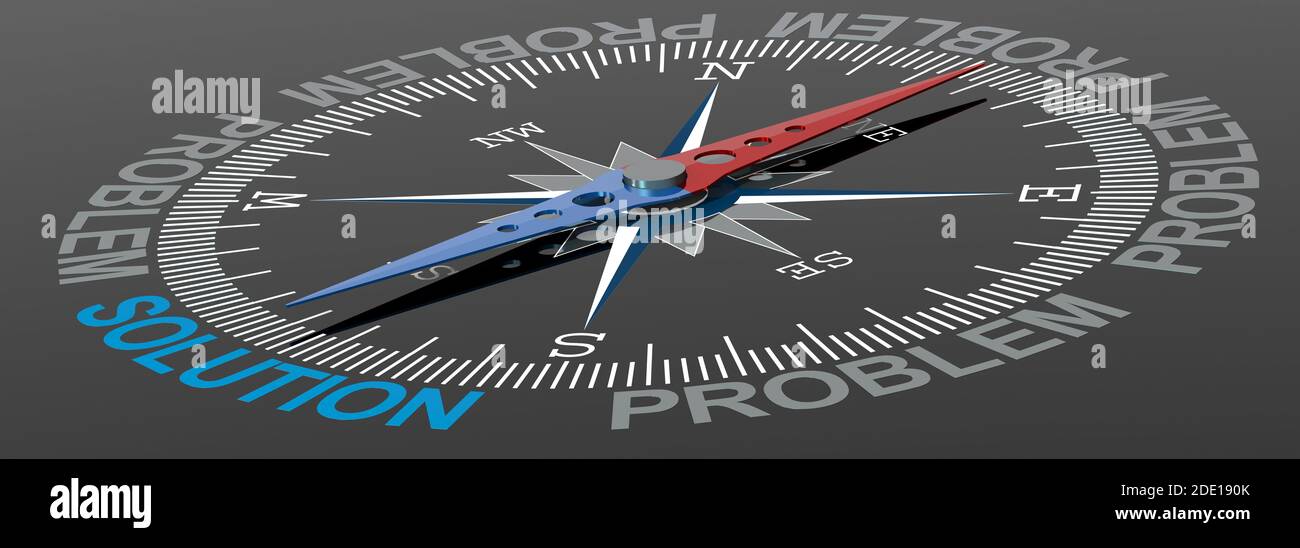 Solution word on compass with blue and red needle, 3D rendering Stock ...