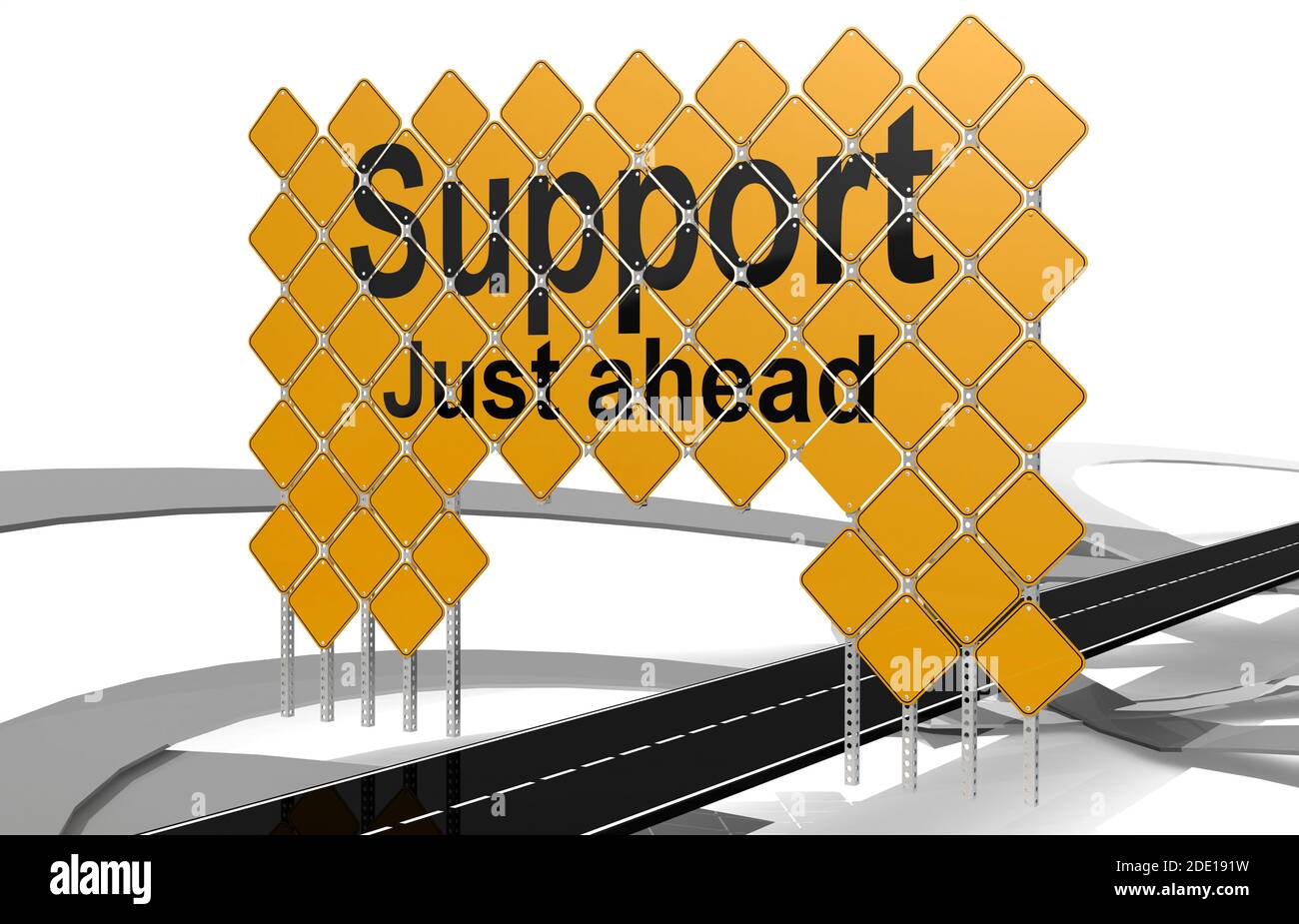 Support just ahead word on giant yellow road signs, 3D rendering Stock ...