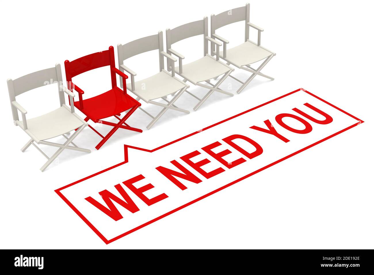 We need you words with row of white chairs with one red, 3d rendering ...