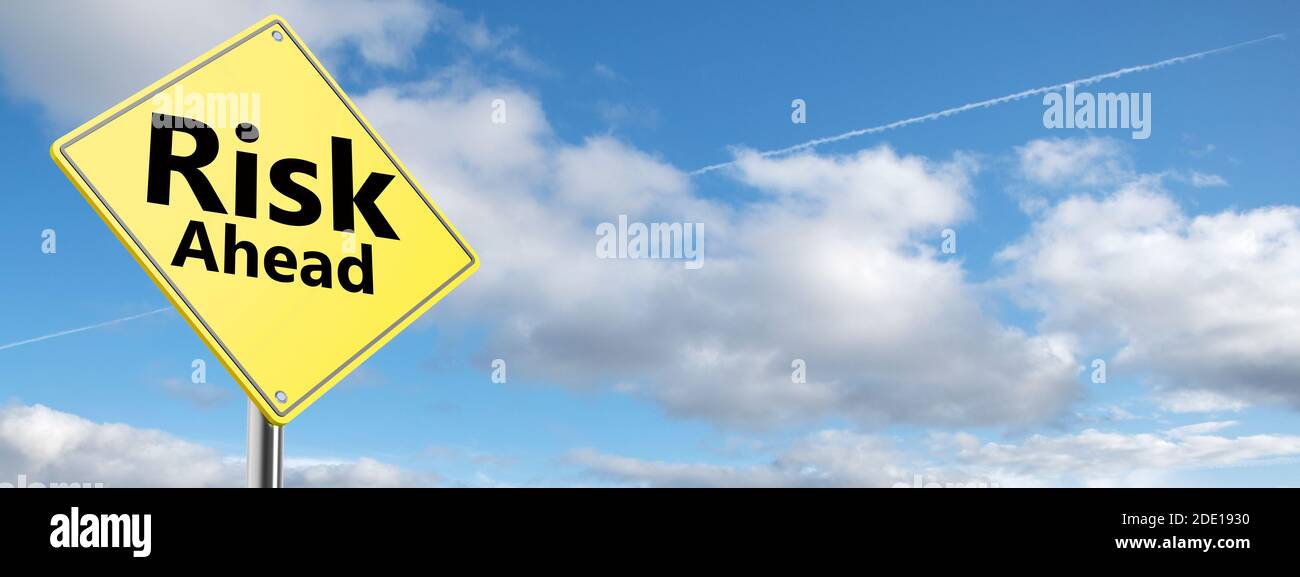 Blue sky and yellow road sign with text risk ahead, 3D rendering Stock ...