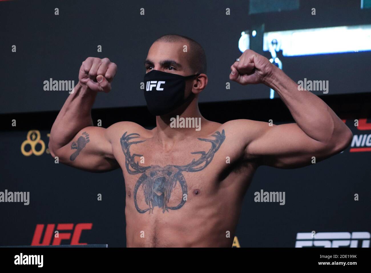 Las Vegas, Nevada, USA. 27th Nov, 2020. Devin Clark poses on the scale ...