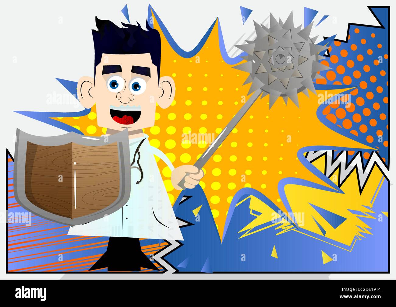 Funny cartoon doctor holding a spiked mace and shield. Vector ...