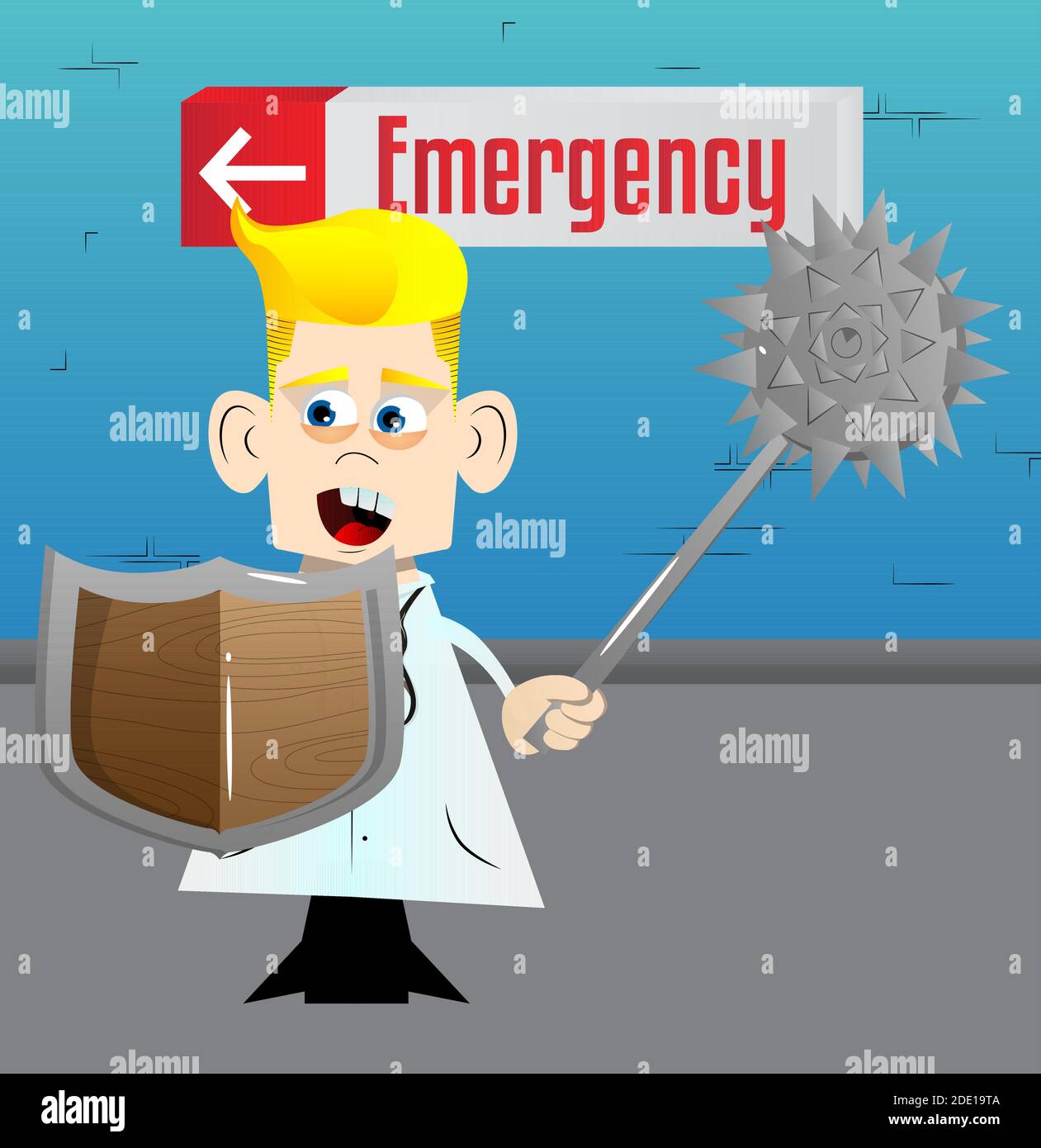 Funny cartoon doctor holding a spiked mace and shield. Vector ...