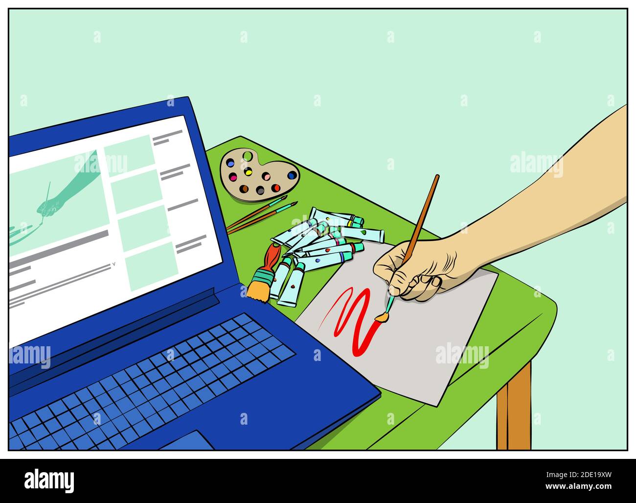 Distance education concept. Illustration of a comic book man learning ...