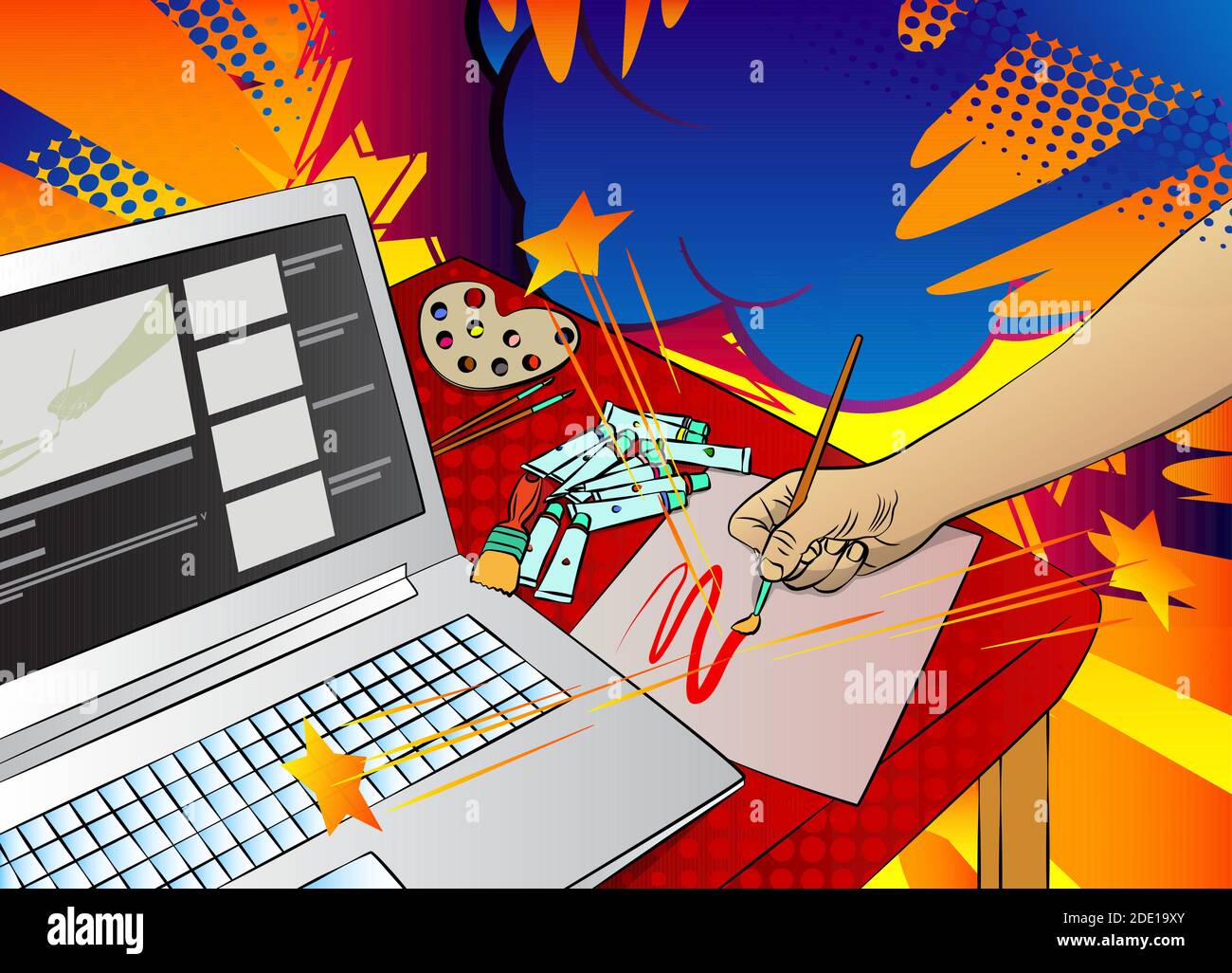 Distance education concept. Illustration of a comic book man learning ...