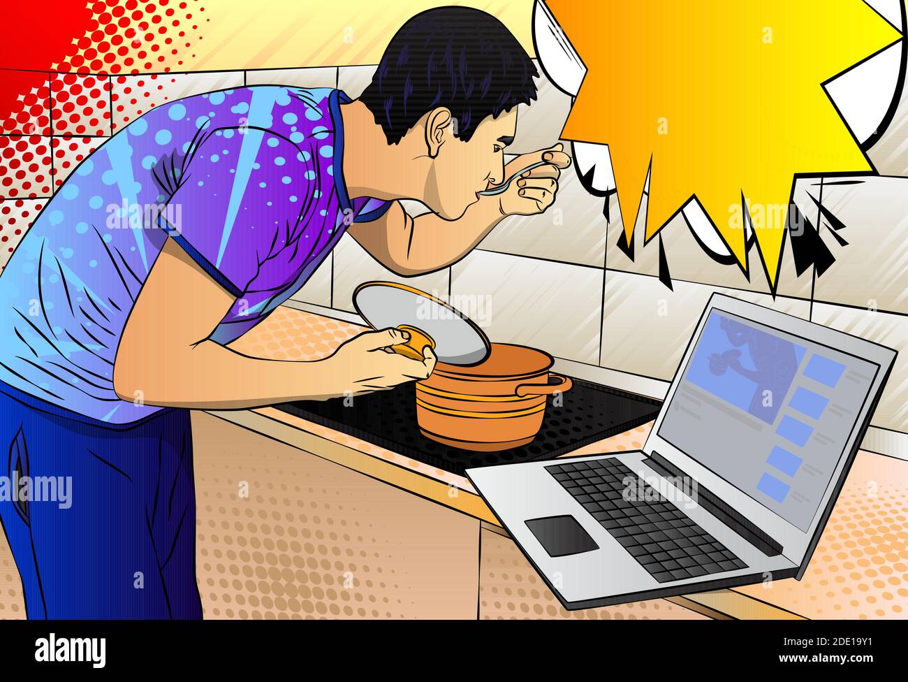 Illustration of a comic book man tasting soup from the pan while ...