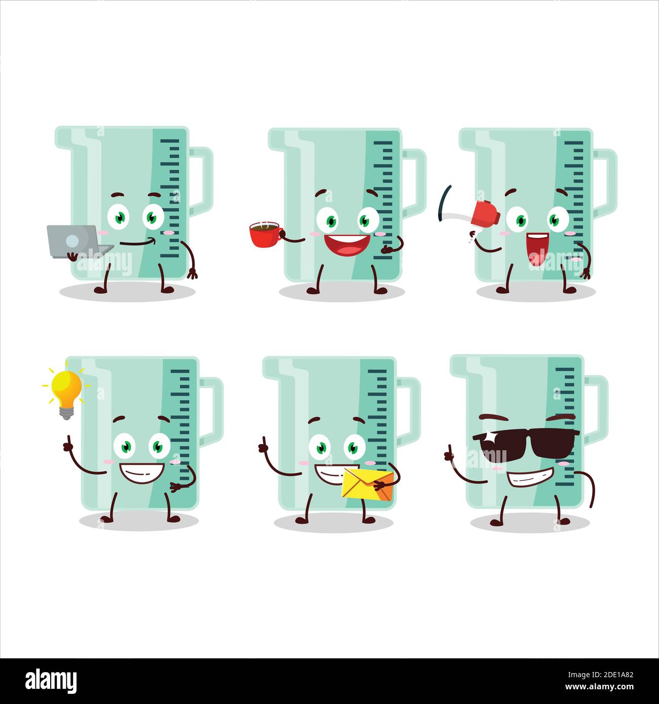 Measuring cup cartoon character with various types of business ...
