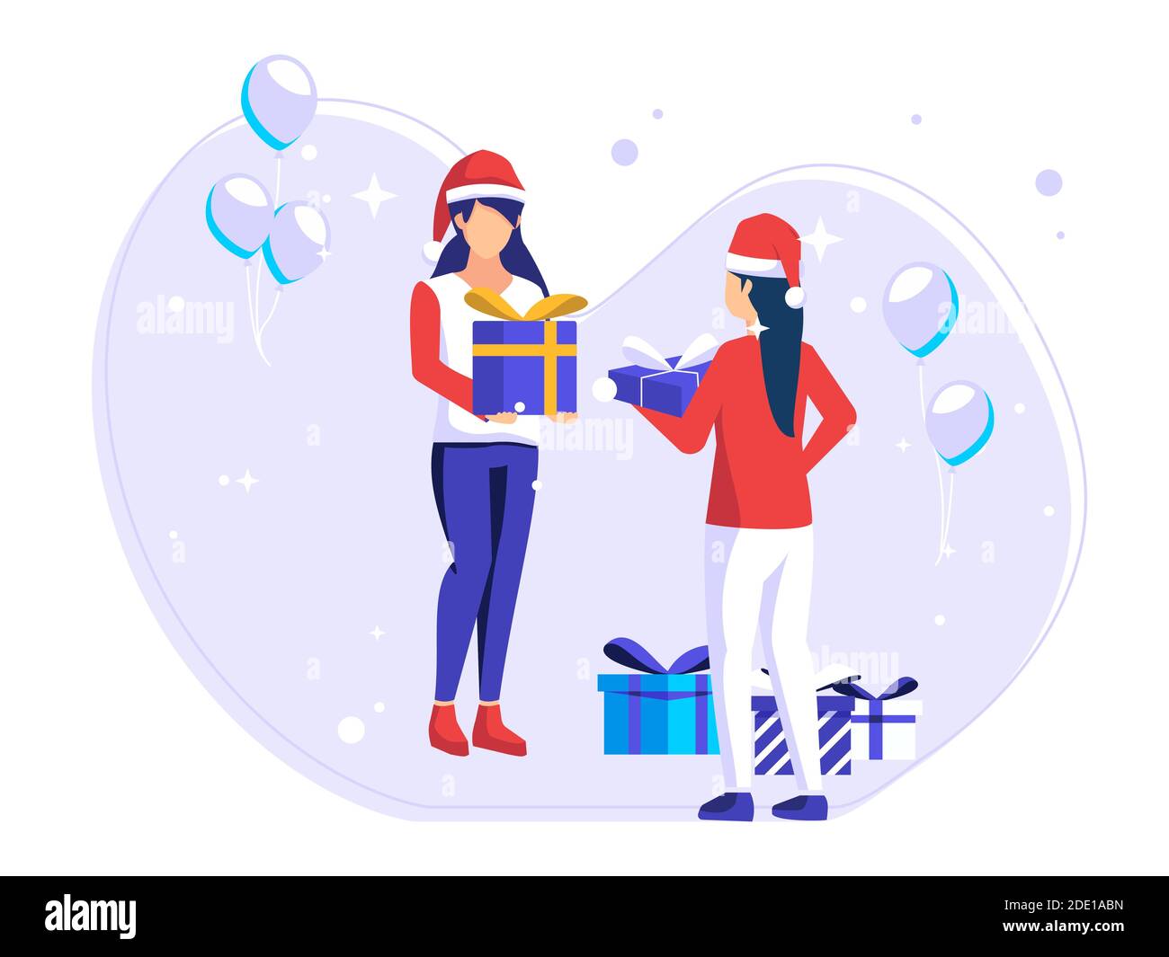Christmas Day Celebration. female friends exchange gifts when Christmas ...