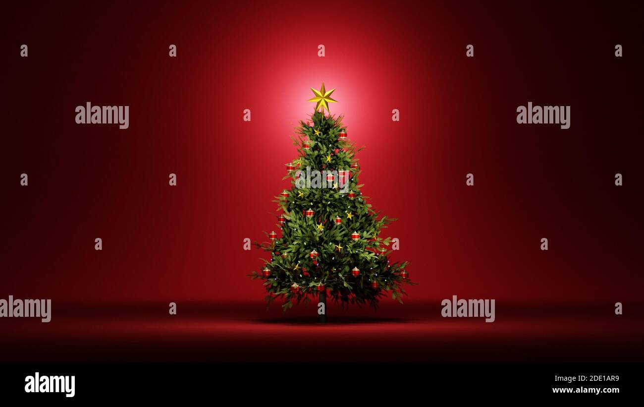 Christmas seasonal backdrop. Christmas tree on red background. Digital ...