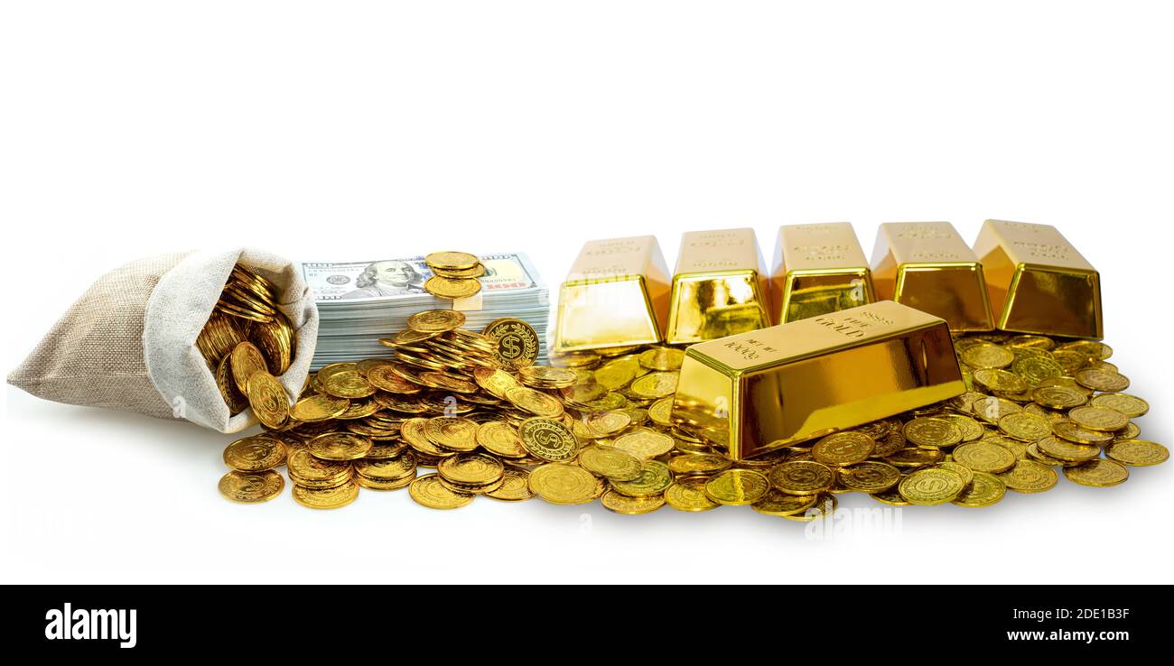 A lot of stacking gold bar 1kg and gold coin and in treasure sack on ...