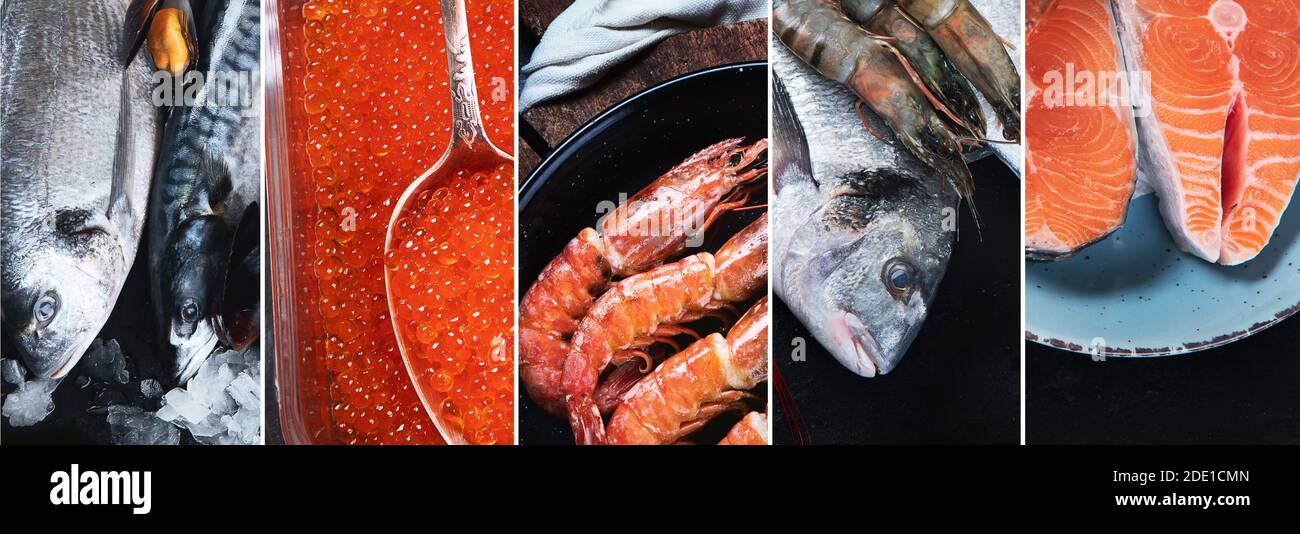 Collage of Fresh fish and seafood. Heathy food concept . Panorama ...