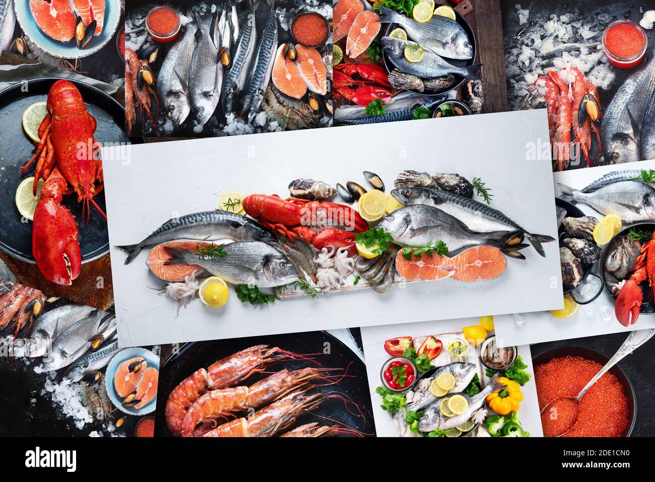 Collage of Fresh fish and seafood. Heathy food concept Stock Photo - Alamy