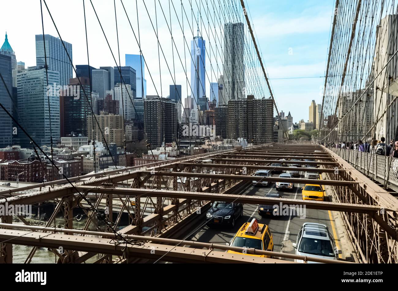 Brooklyn Bridge that connects Brooklyn and Manhattan. New York, USA ...