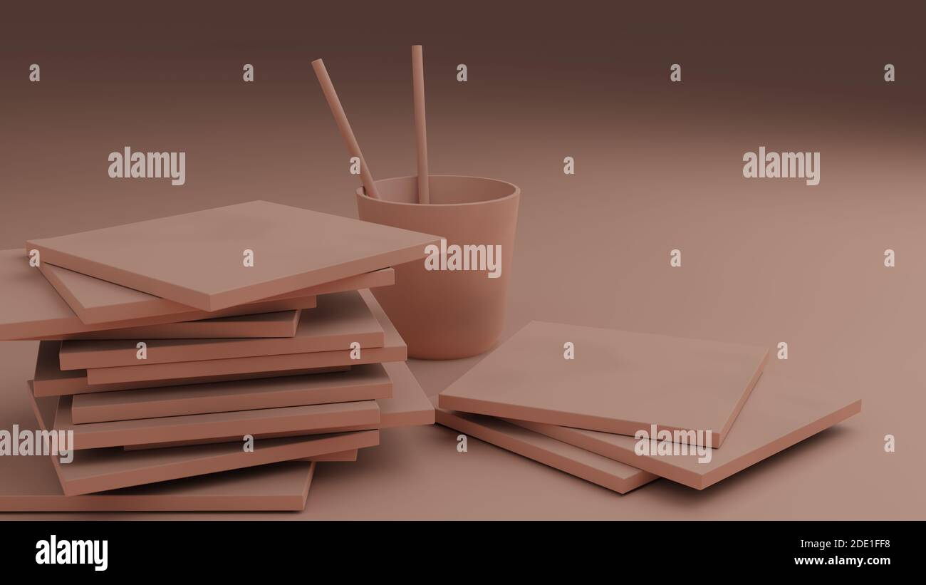 Monochromatic study table scene. 3D Rendering Stock Photo - Alamy