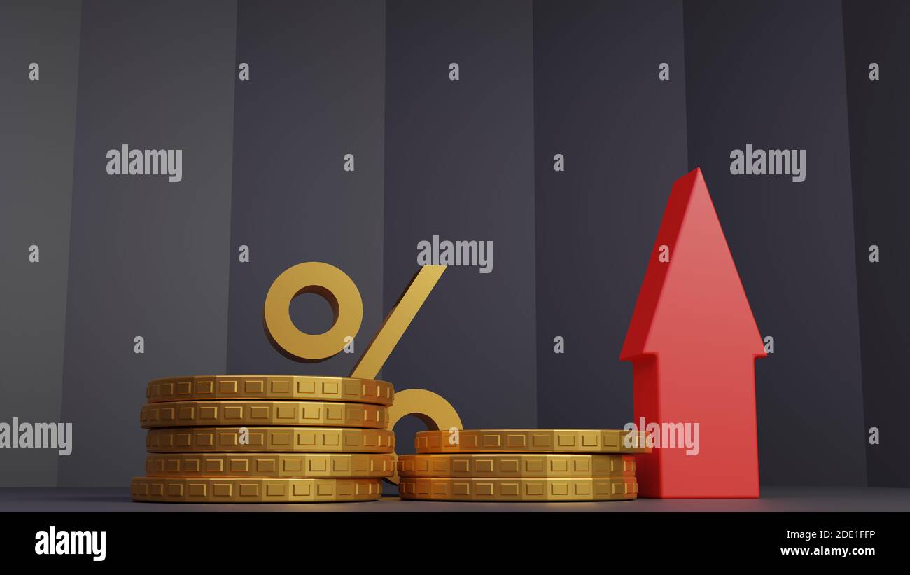Piles of coin money with an upward facing arrow and percentage sign ...