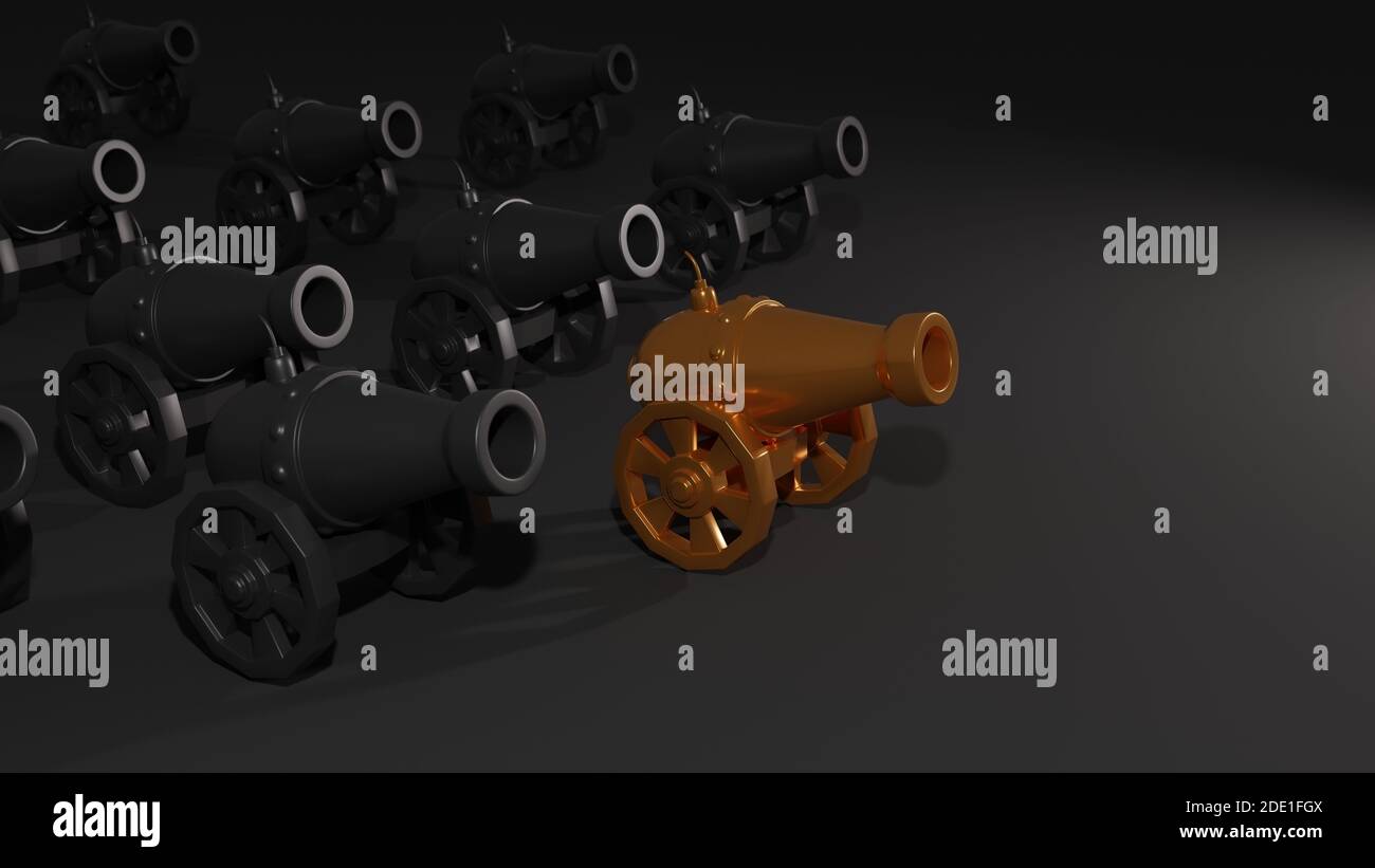 A group of metallic dark cannons leaded by a golden cannon, are facing ...