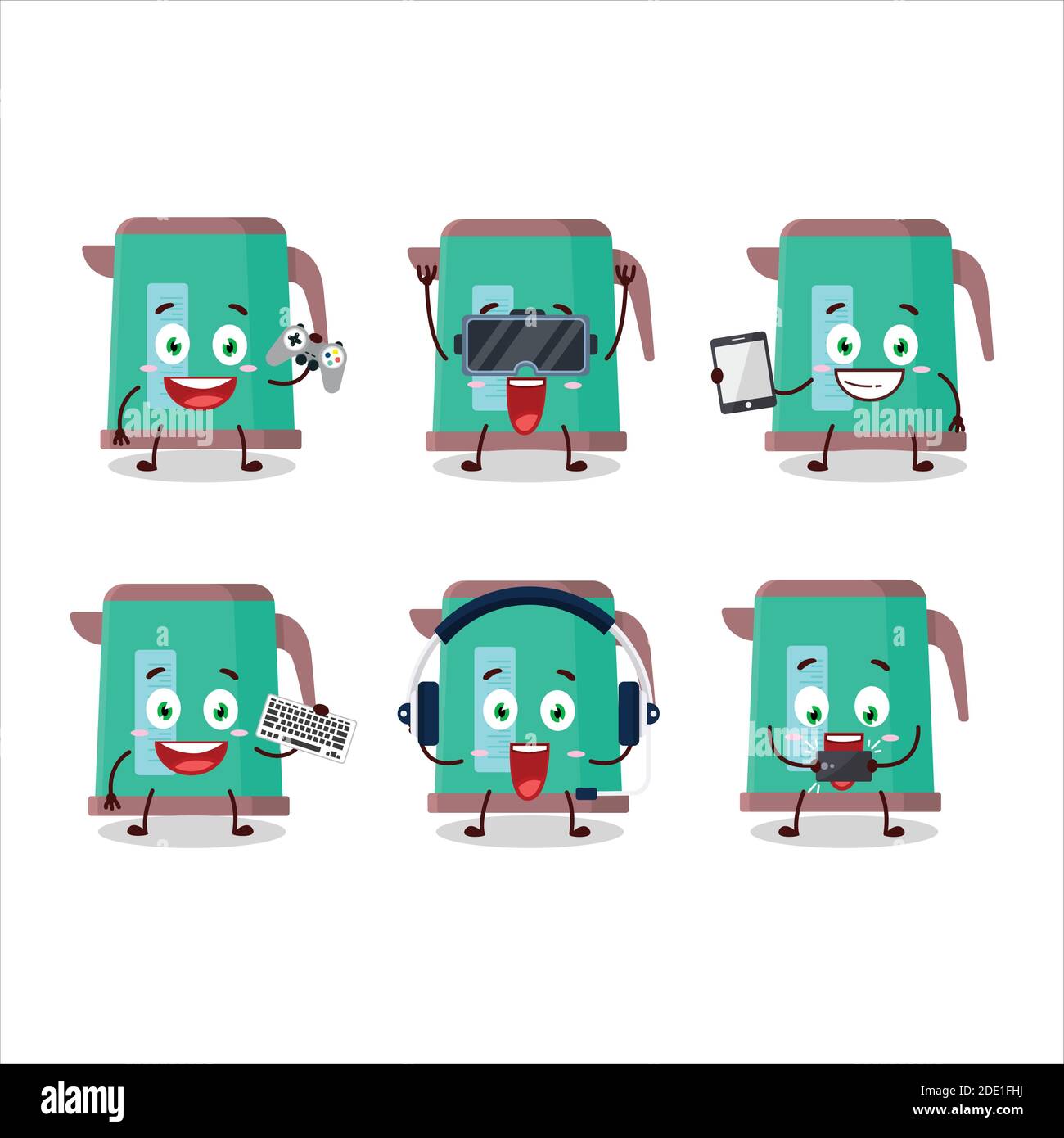 Digital kettle cartoon character are playing games with various cute ...