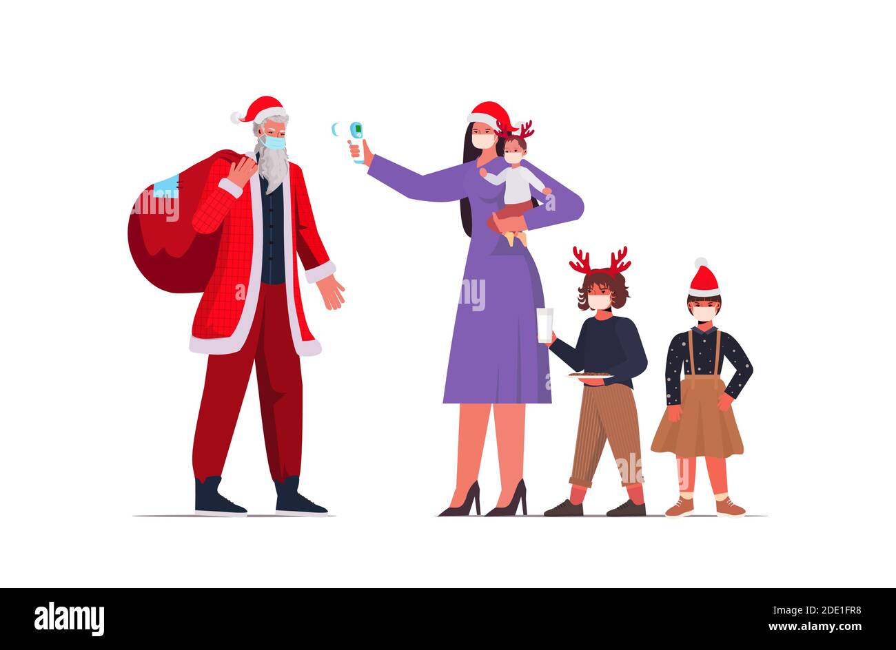 mother with kids checks body temperature of santa claus coronavirus ...