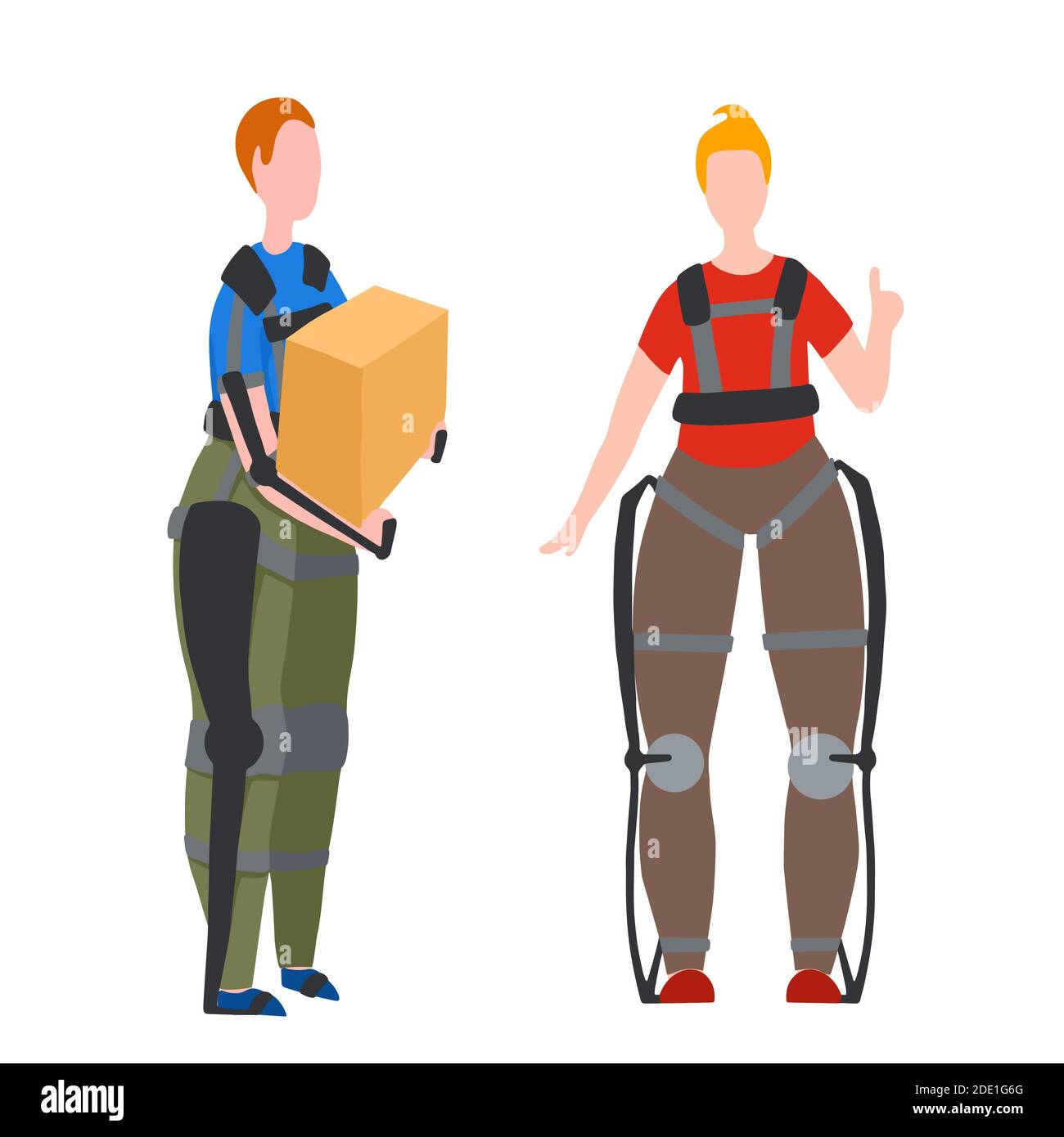 Set of men in exosuit. Help in lifting weights. Medical exoskeleton to ...
