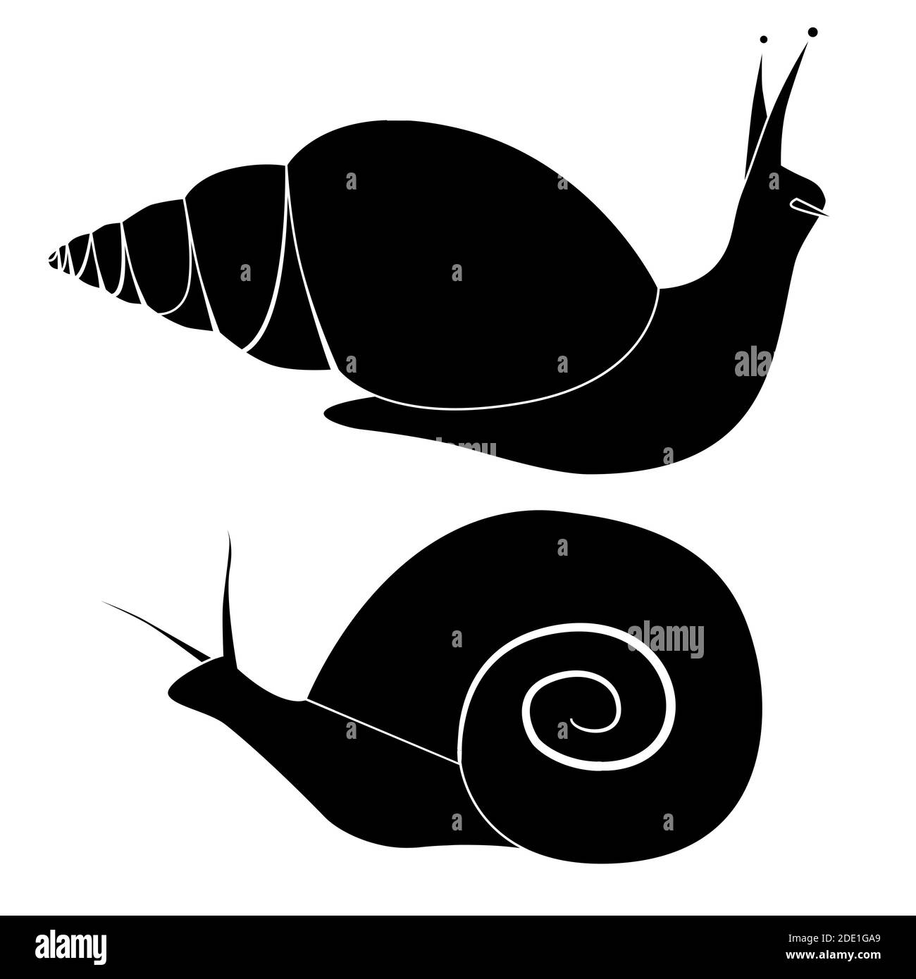 Set of black silhouette snails of various shapes. Objects are separate ...