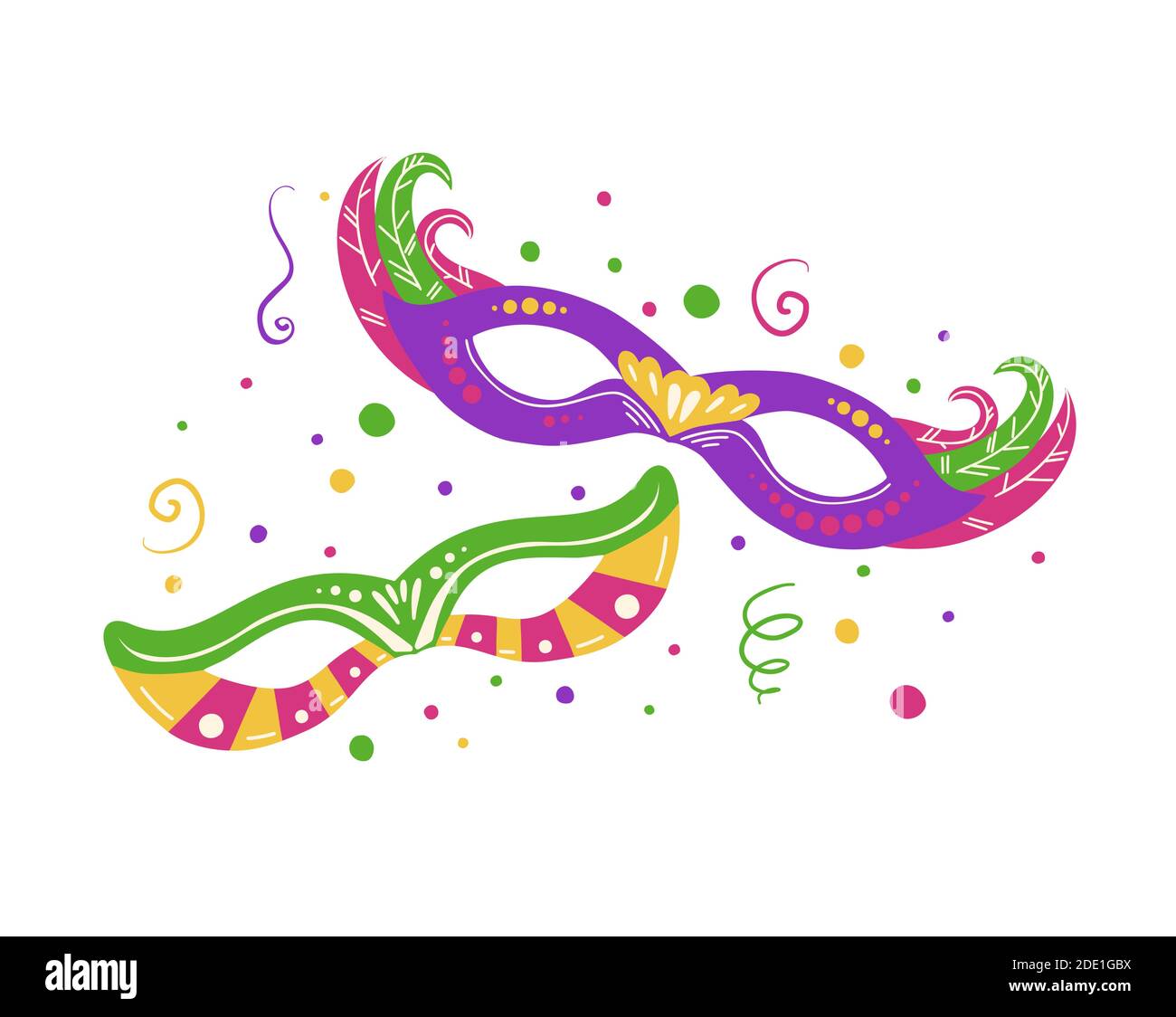 Flat illustration of pair masquerade mask with confetti and ribbons ...