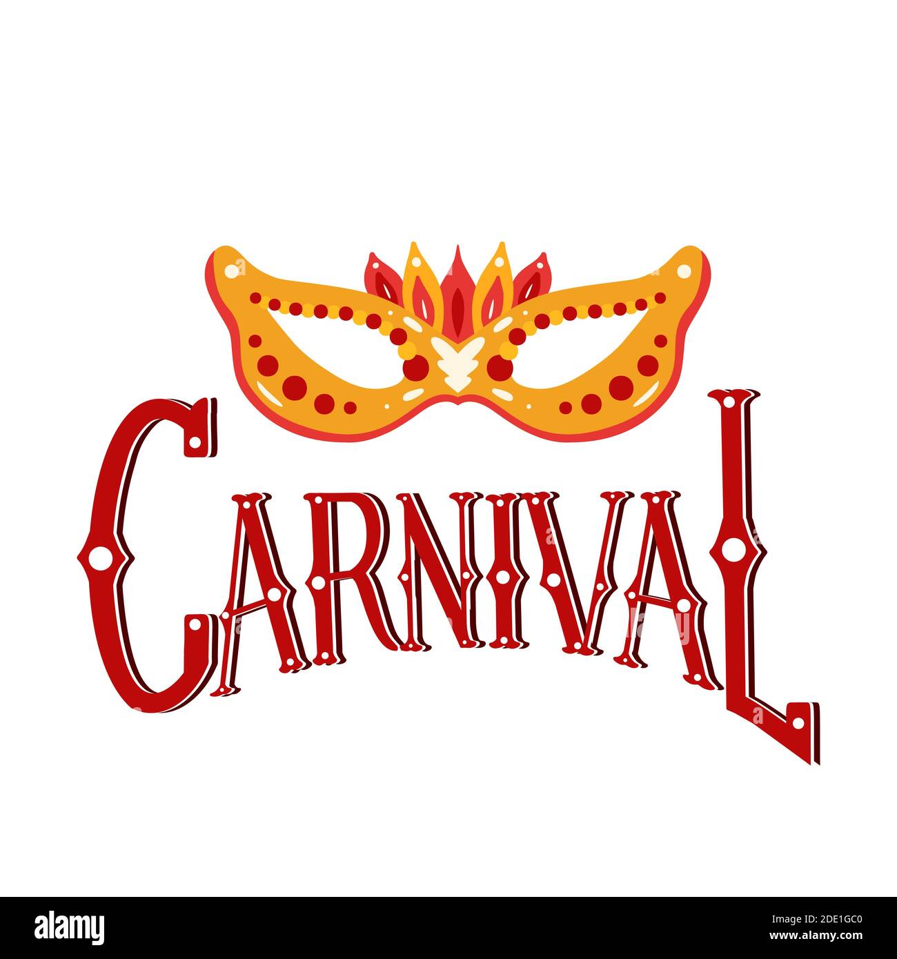 Carnival. Red lettering with decorations and flat gold masquerade mask ...