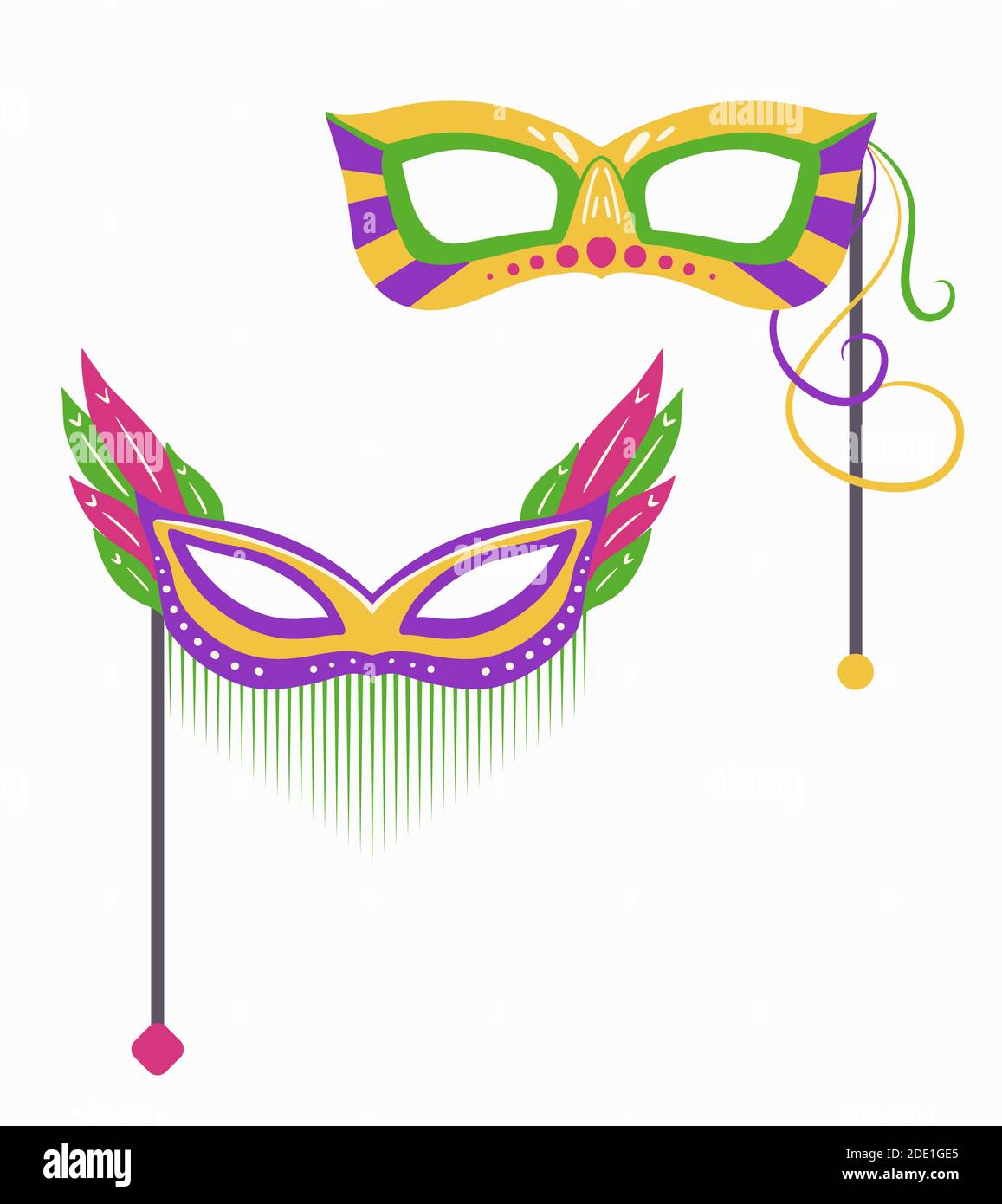 Set of Mardi Gras carnival masks with various decorations on stick ...