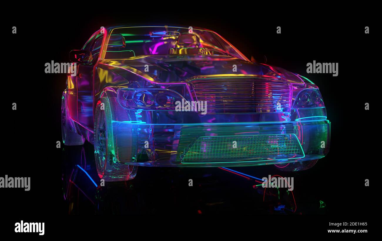 Glass car with neon lighting. The edges of the car are highlighted ...