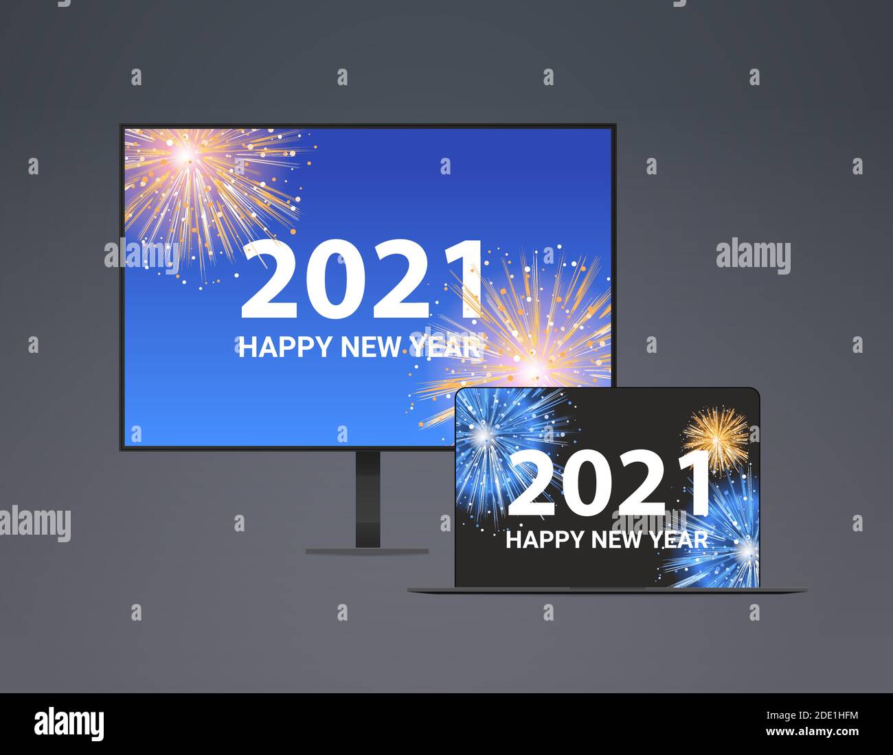 christmas fireworks on computer monitor and laptop screens happy new ...