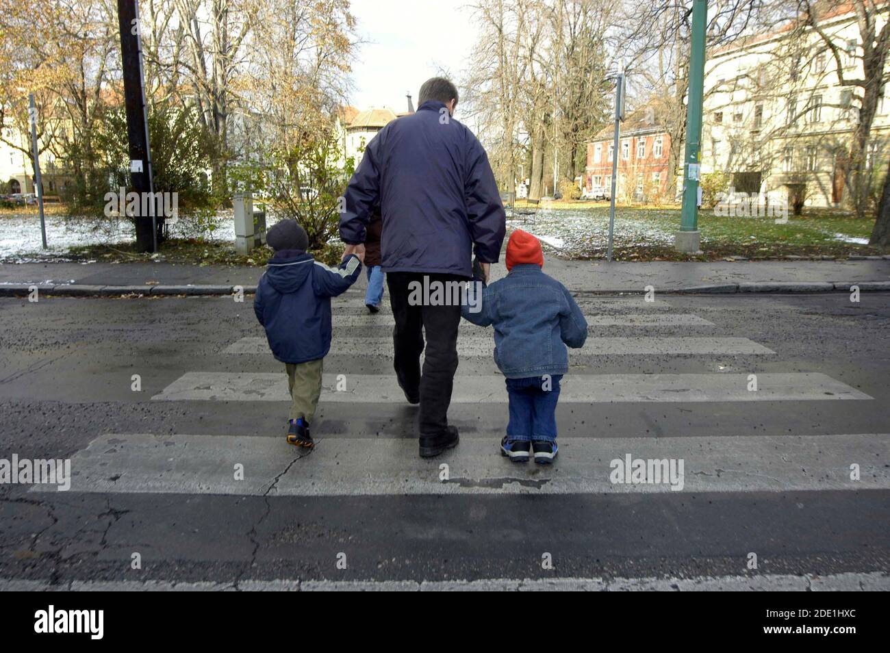 father with his two children crossing the street on a crosswalk Stock ...
