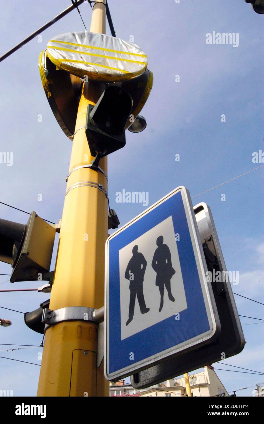 Pedestrian zone traffic sign in the city, blue sky background Stock ...