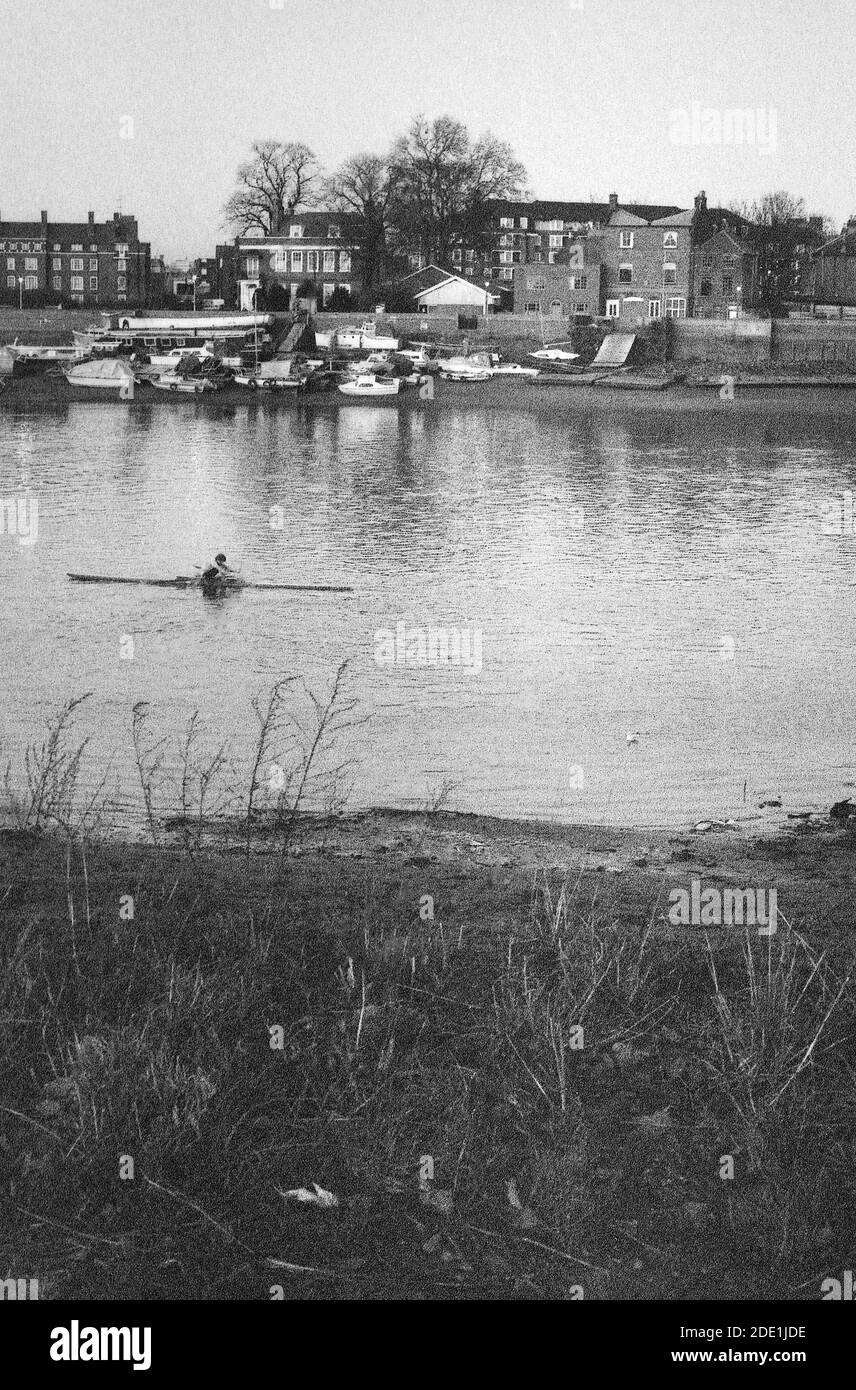Rower on the River Thames at Stamford Brook, Hammersmith circa 1984 ...